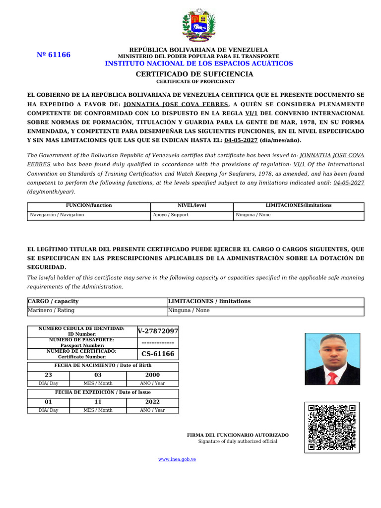 Certificado de Suficiencia Jonathan Cova | PDF