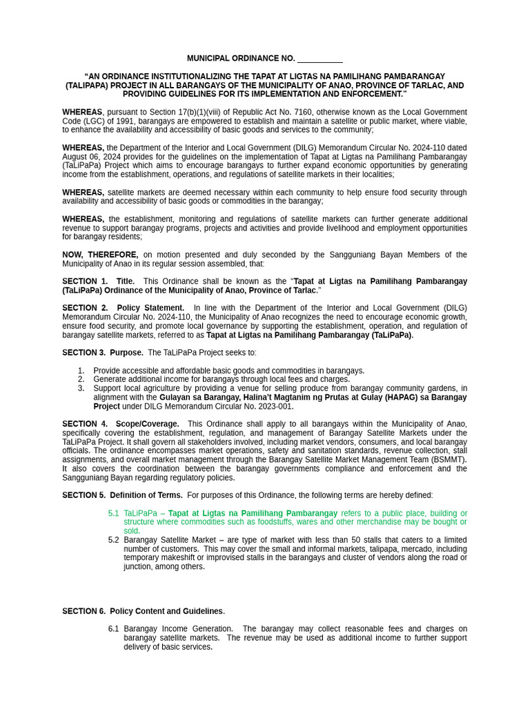Draft - Talipapa Ordinance | PDF | Waste Management | Regulatory Compliance