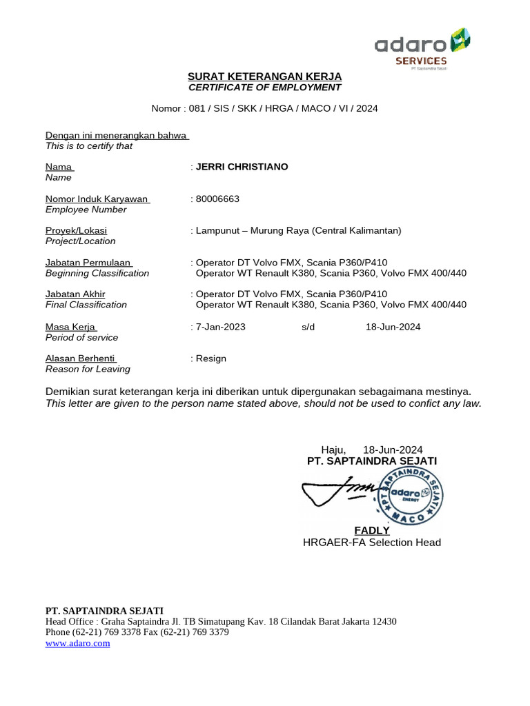 Surat Pengalaman Kerja Operator DT | PDF