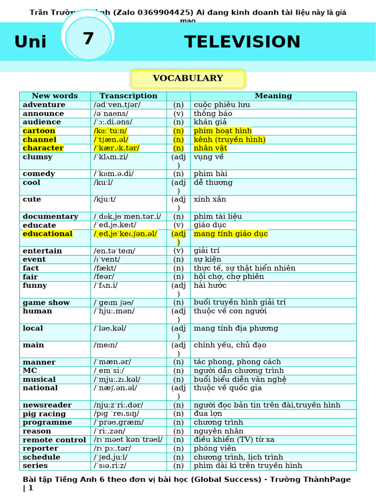 Global Success 6 có từ vựng ngữ pháp phiên bản mới học kì 2 Unit 7 (HS) | PDF