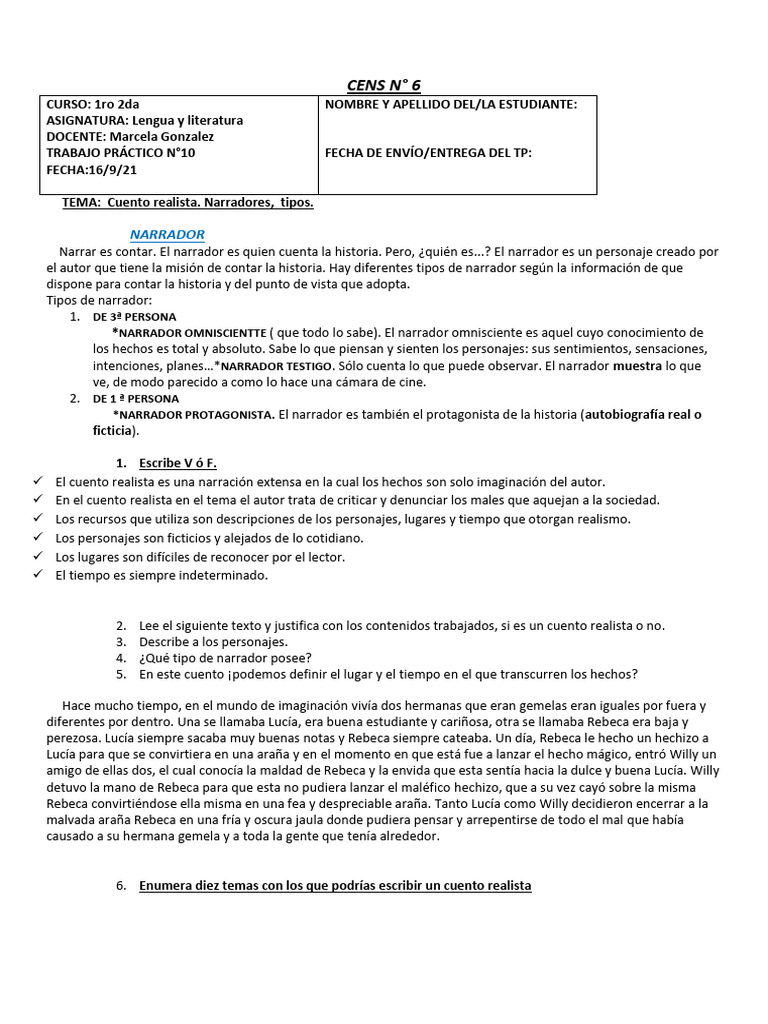 Lengua 1ro 2da TP10 Tipos Narradores | PDF | Narración | Cuentos