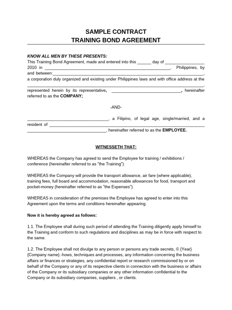 Training Bond Agreement Template | PDF | Employment | Liquidated Damages