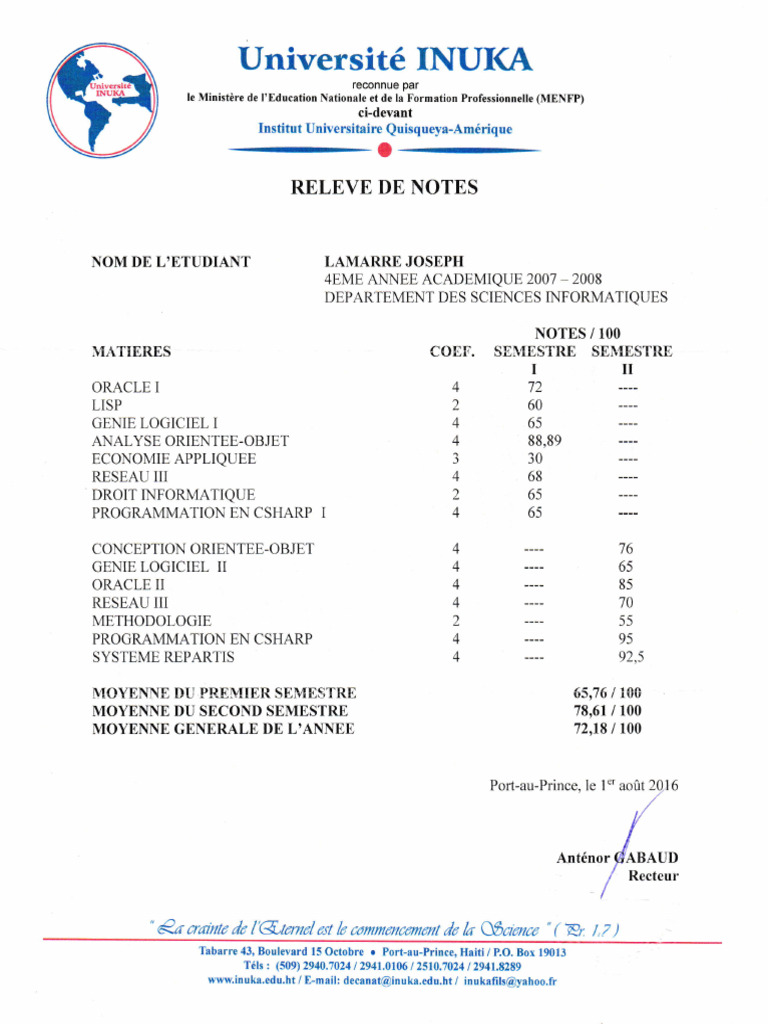 Relevé de notes - Université INUI | PDF | Informatique | Informatique