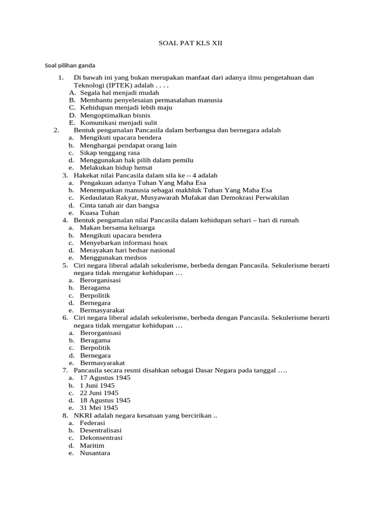 Soal PAT Kelas XII: IPTEK dan Pancasila | PDF
