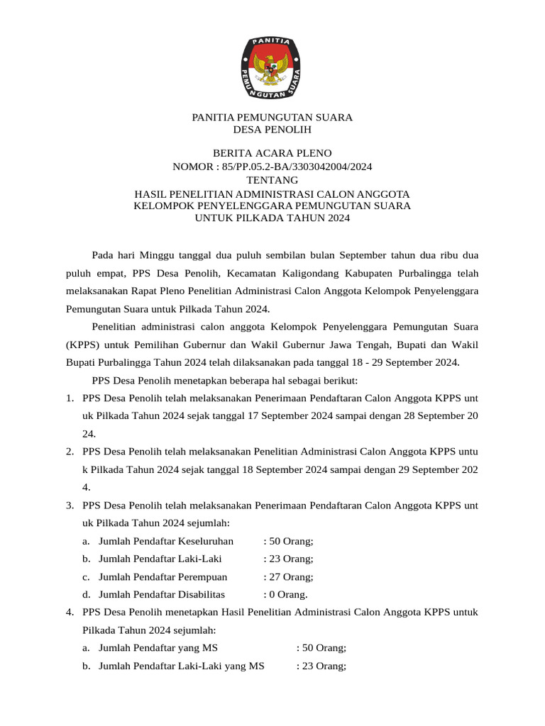 29 BERITA ACARA PPS PENELITIAN ADMINISTRASI KPPS (1) | PDF
