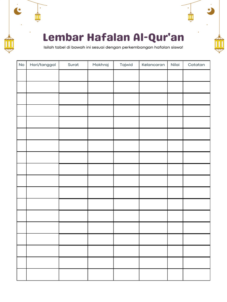Lembar Hafalan Dan Membaca Al-Qur'an Lembar Kerja Coklat Ilustratif | PDF
