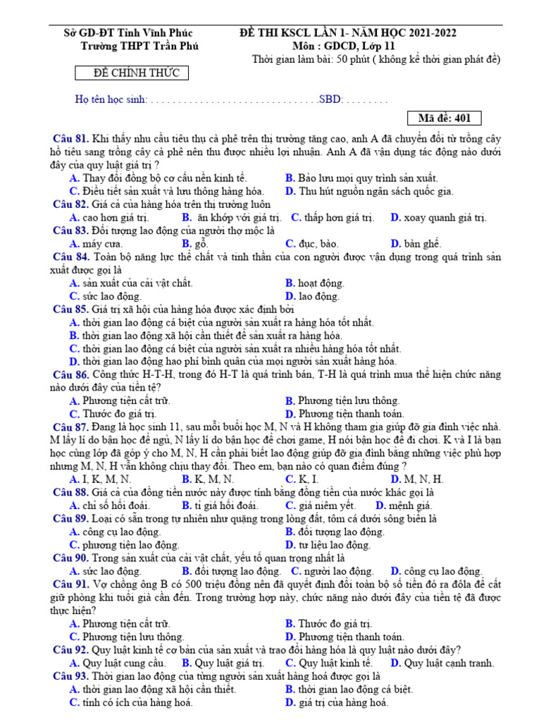 De KSCL Lan 1 GDCD 11 Nam 2021 2022 Truong THPT Tran Phu Vinh Phuc | PDF