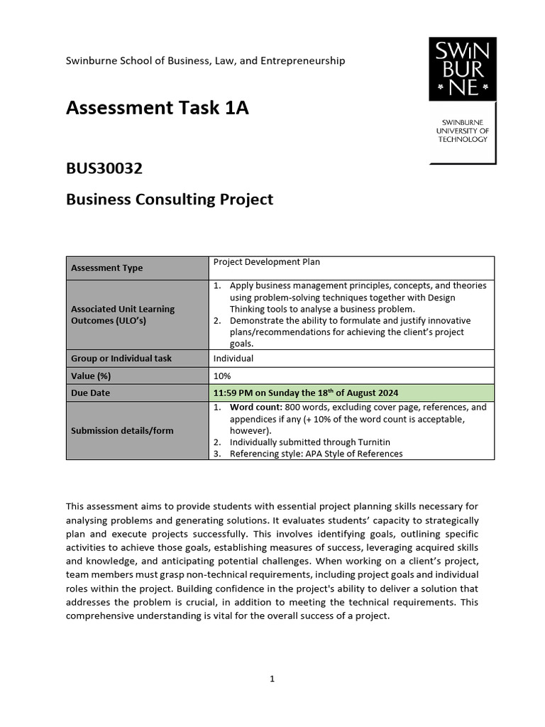 BUS30032 Assignment 1A Project Development Plan S2 2024 | PDF | Plagiarism | Goal