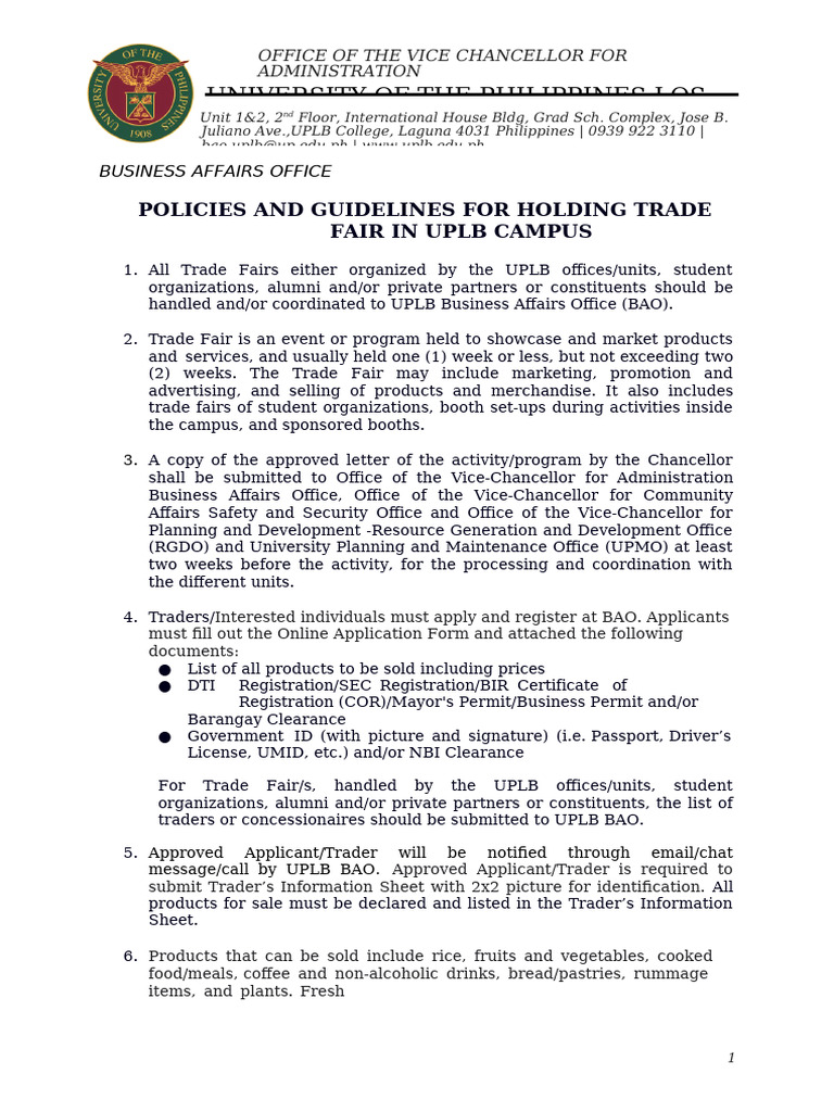 UPLB Trade Fair Policies and Guidelines | PDF | Waste Management | Waste