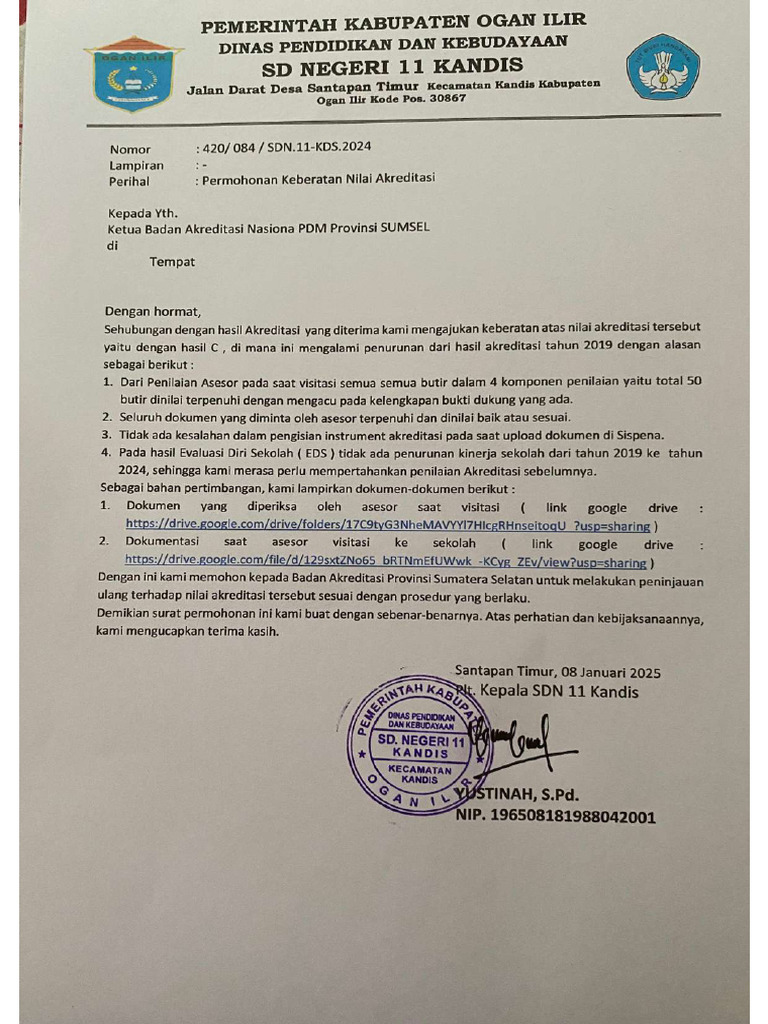 Surat Ajuan Keberatan Nilai Akreditasi SDN 11 KANDIS | PDF