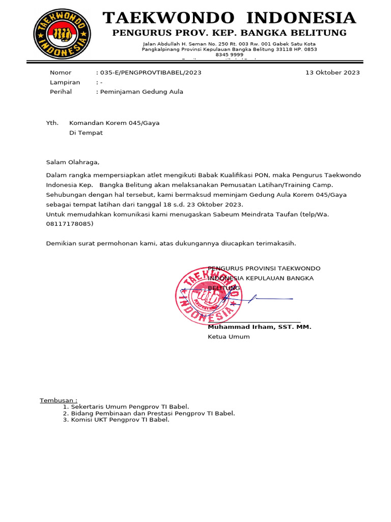 Peminjaman Gedung Korem untuk Taekwondo | PDF