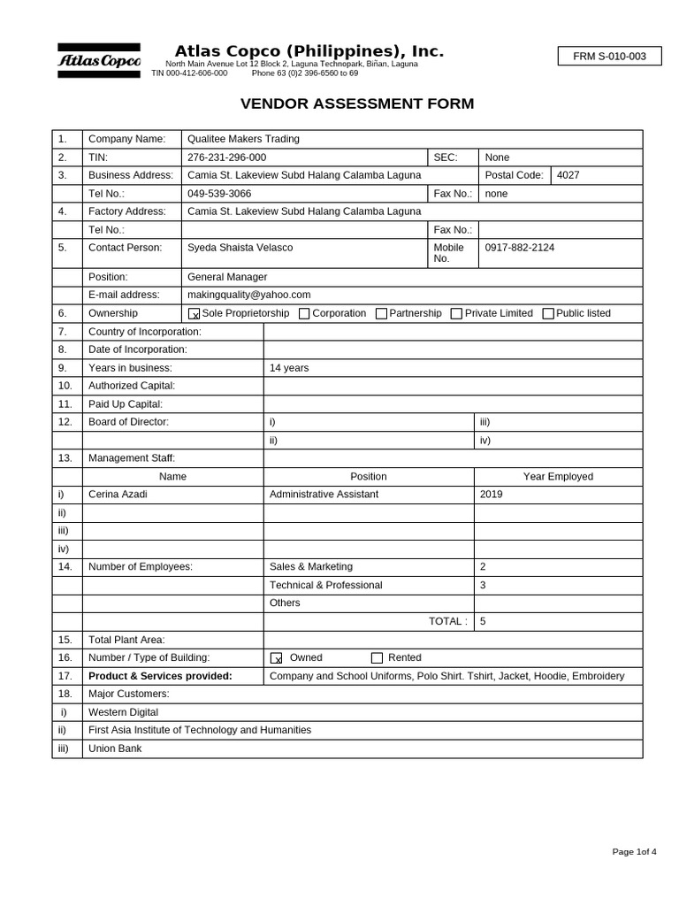 Vendor Assessment Form | PDF | Business