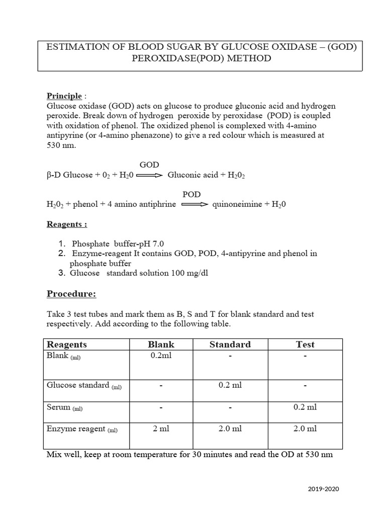 Estimation of Blood Glucose by GOD & POD Method | PDF | Glucose ...