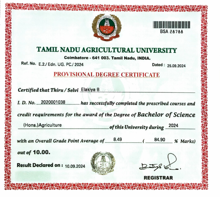 Provisional B.Sc. Agriculture Certificate | PDF