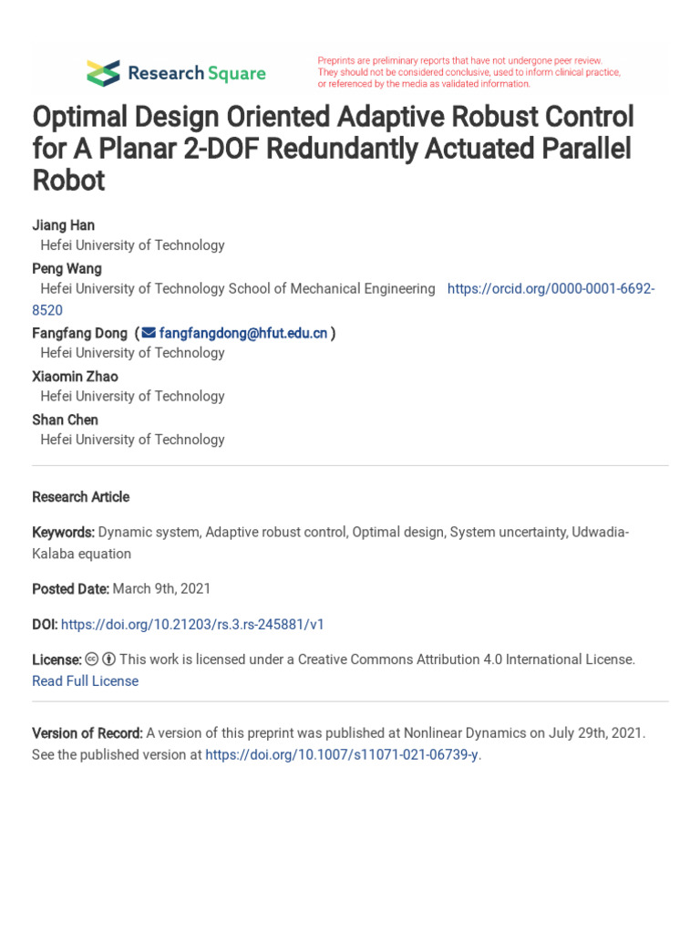 Optimal Design Oriented Adaptive Robust Control For A Planar 2 Dof Redundantly Actuated Parallel