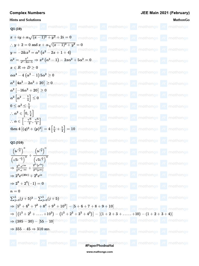Mathongo Solution Complex Numbers Jee Main 2021 February Chapterwise BMJCv5fydJGcOycnLFBV | PDF