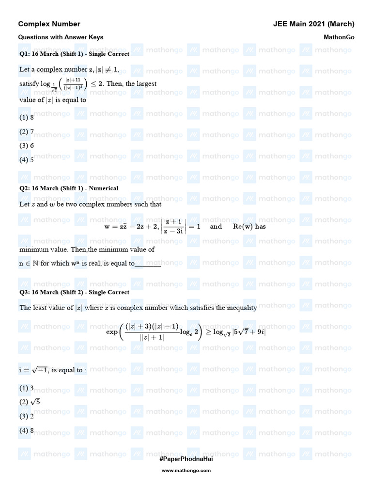 Mathongo Question Complex Number Jee Main 2021 March Chapterwise bER7QIkG25jVcPN26yUO | PDF ...