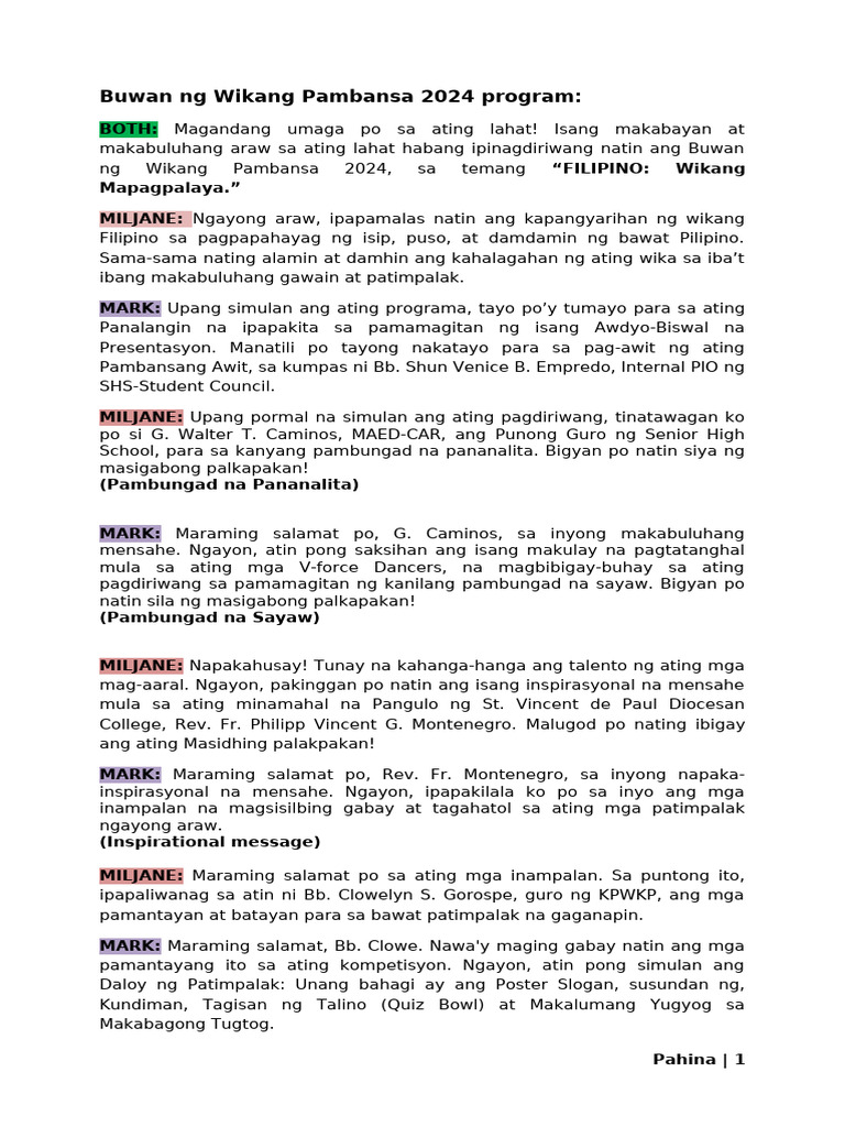 Buwan NG Wikang Pambansa 2024 Program Script - UPDATED | PDF
