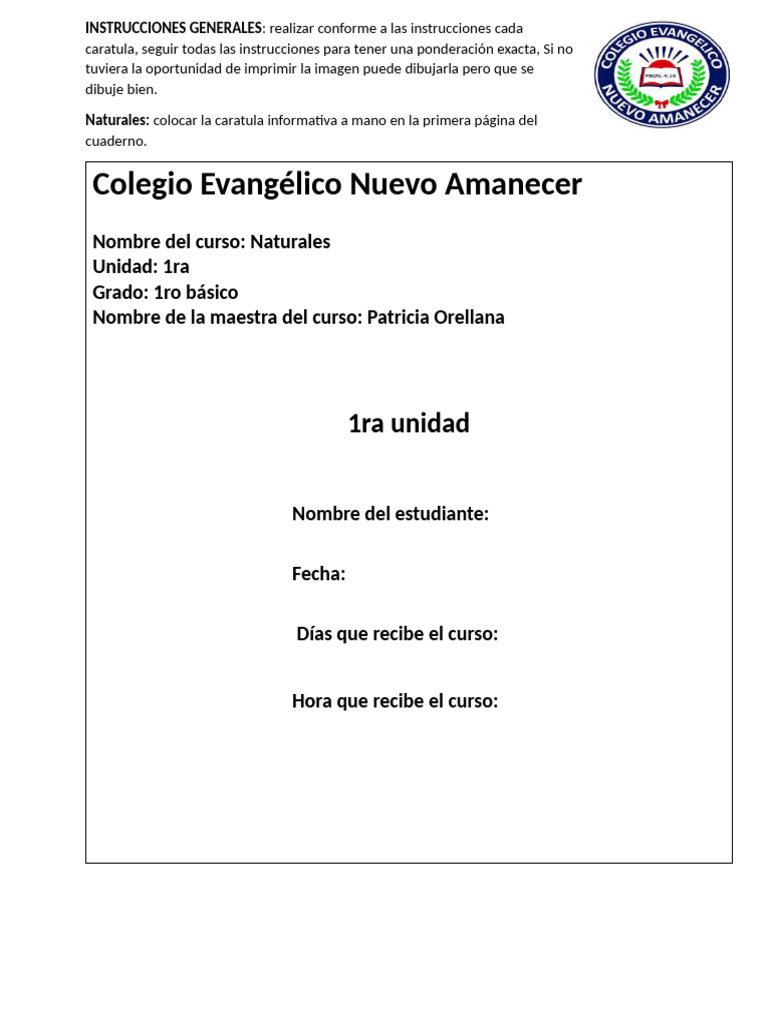 Caratula 1ra Unidad 1ro Basico | PDF