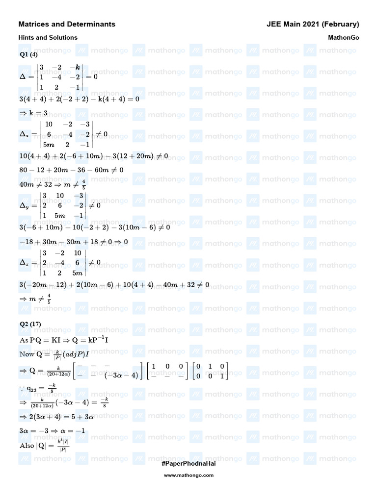 Mathongo Solution Matrices and Determinants Jee Main 2021 February Chapterwise ...