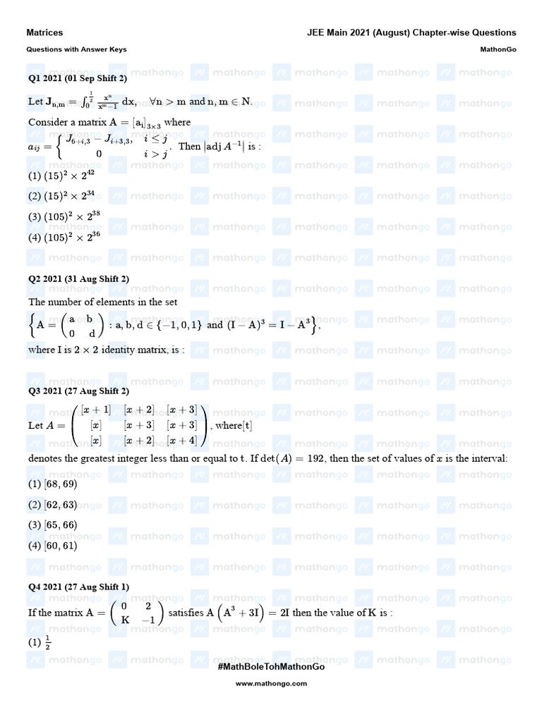Matrices - JEE Main 2021 August Chapter-wise - MathonGo | PDF | Matrix (Mathematics ...