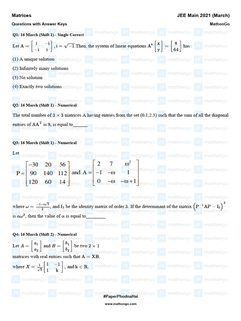 Mathongo Question Matrices Jee Main 2021 March Chapterwise IaLZF2UGSLiTLebsjrXL | PDF | Matrix ...