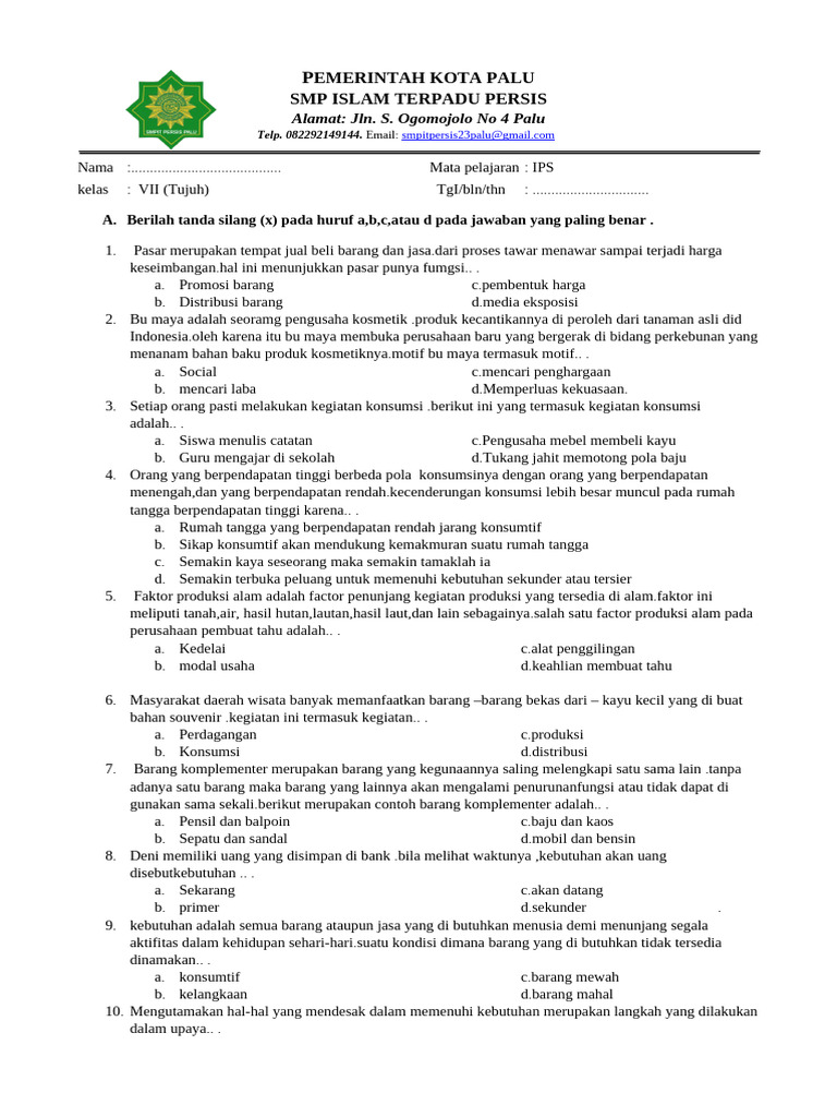 Soal IPS Kelas VII dan VIII SMP Islam Terpadu Palu | PDF
