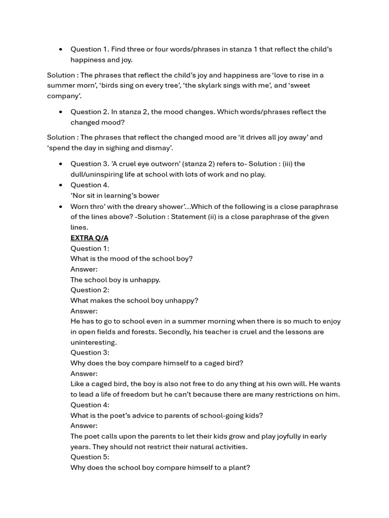 School Boy Poem: Joy and Unhappiness | PDF