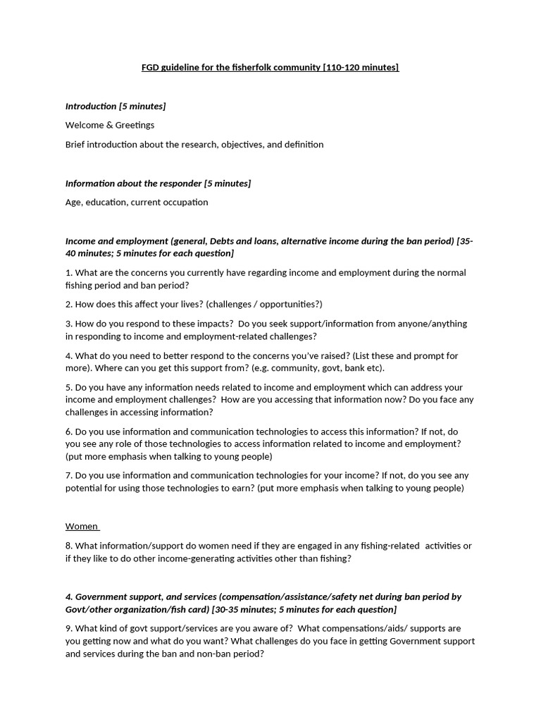Fisherfolk Community FGD Guidelines | PDF | Income | Employment
