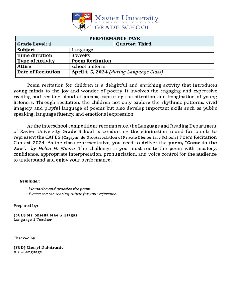 Language 1-Quarter 3-Performance Task-Poem Recitation | PDF | Poetry ...