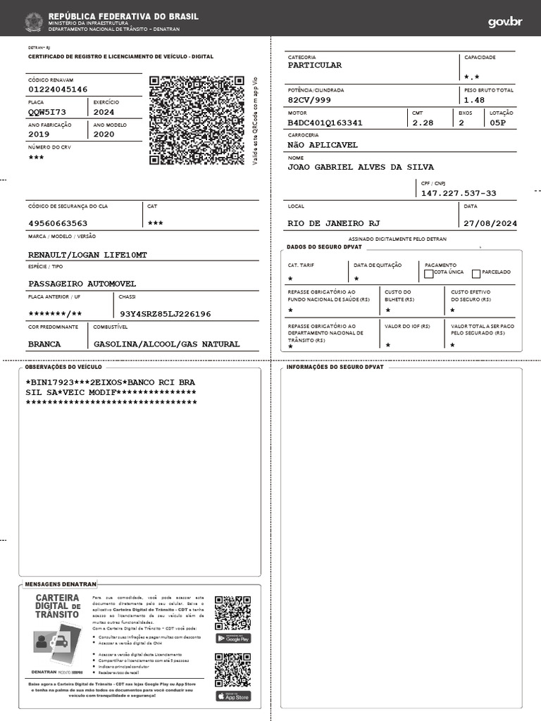 CRLV Digital: Licenciamento Veicular 2024 | PDF | Transporte