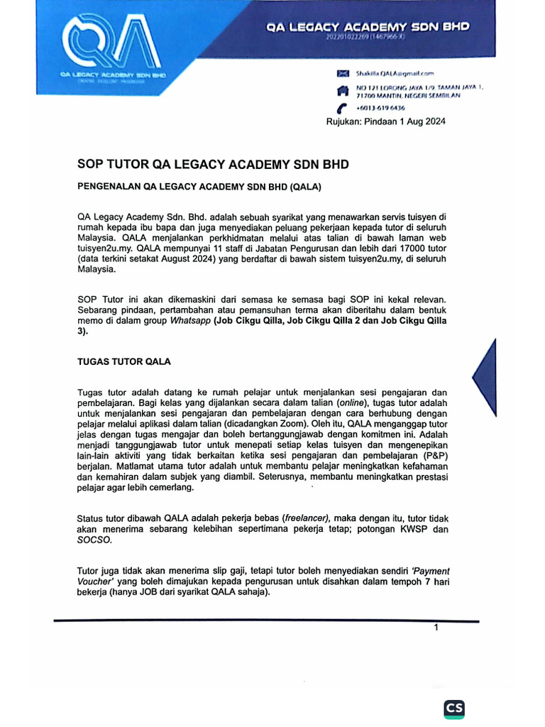 Sop Qa Legacy Academy SDN Bhd-6 - 241214 - 133648 | PDF