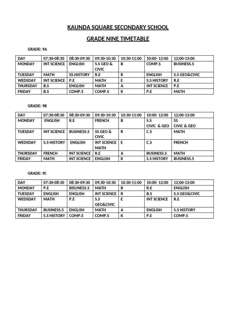 GRADE NINE TIME TABLE | PDF