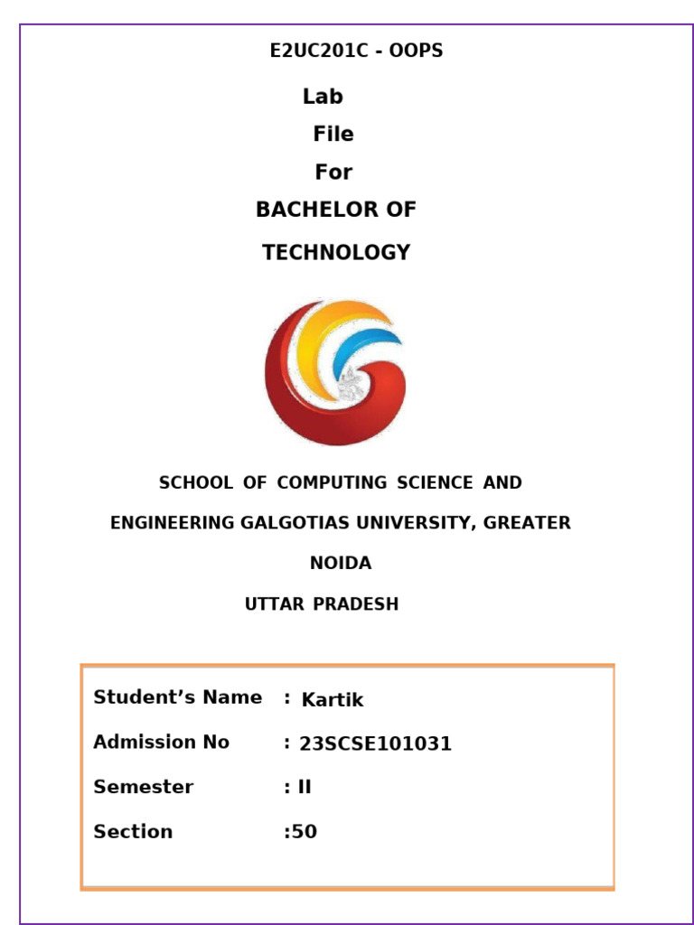 OOPS Lab File Front Page | PDF