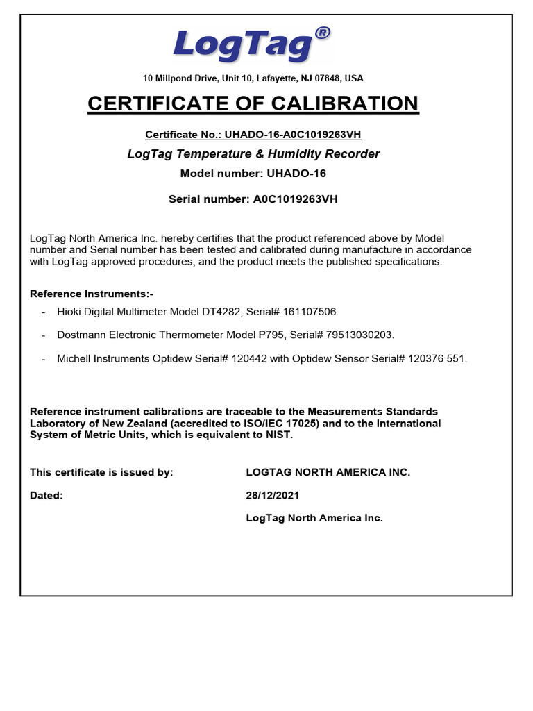 LogTag Calibration Certificate 10 Unit 10 | PDF