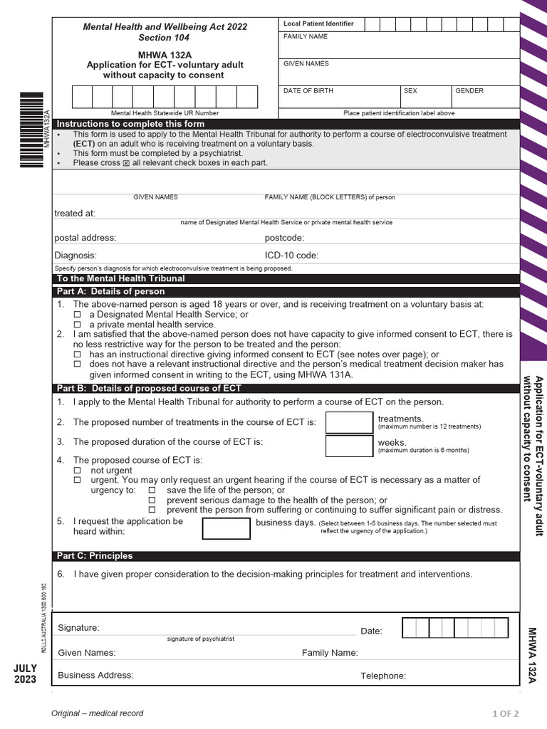 Form 132a Application For Ect Voluntary Adult Without Capacity To ...