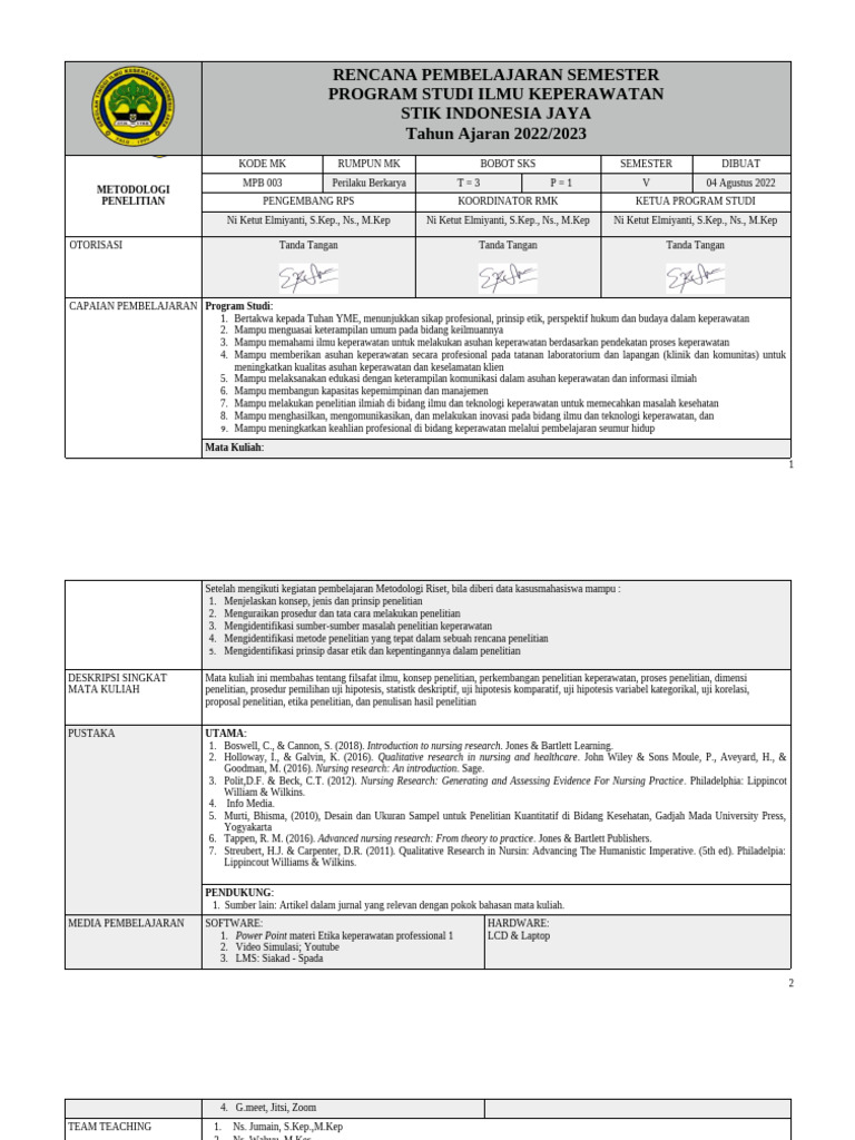 RPS Metodologi Penelitian | PDF