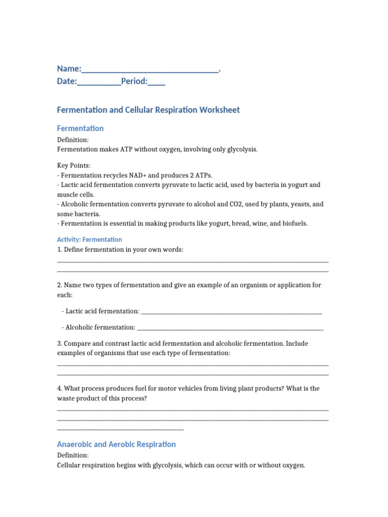 Fermentation_and_Respiration_Worksheet | PDF | Cellular Respiration ...