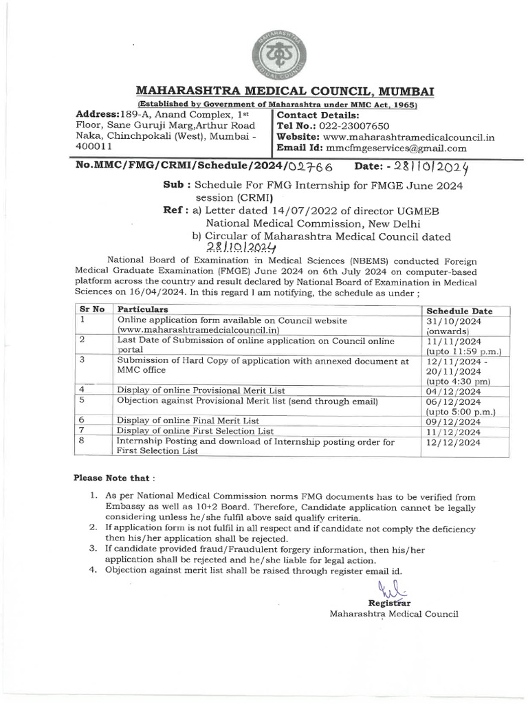 Announcements - 28102024 - Schedule For FMG Internship For FMGE June ...