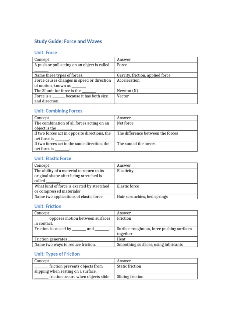 8th - Grade - Force - and - Waves - Study - Guide Key Answers | PDF ...
