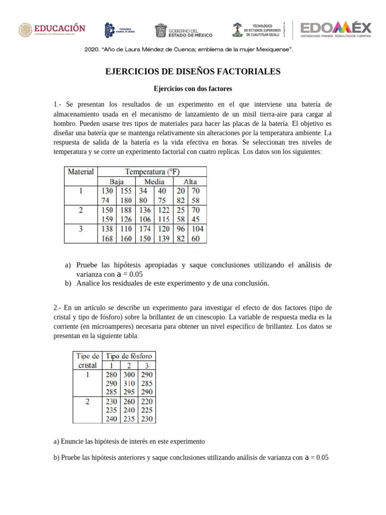 EJERCICIOS DE DISEÑO Factoriales-2 Factores | PDF