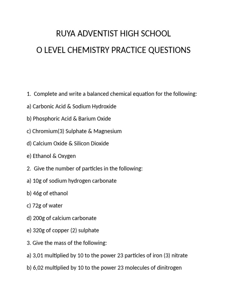 CHEMISTRY PRACTICE QUESTIONS | PDF | Oxide | Acid
