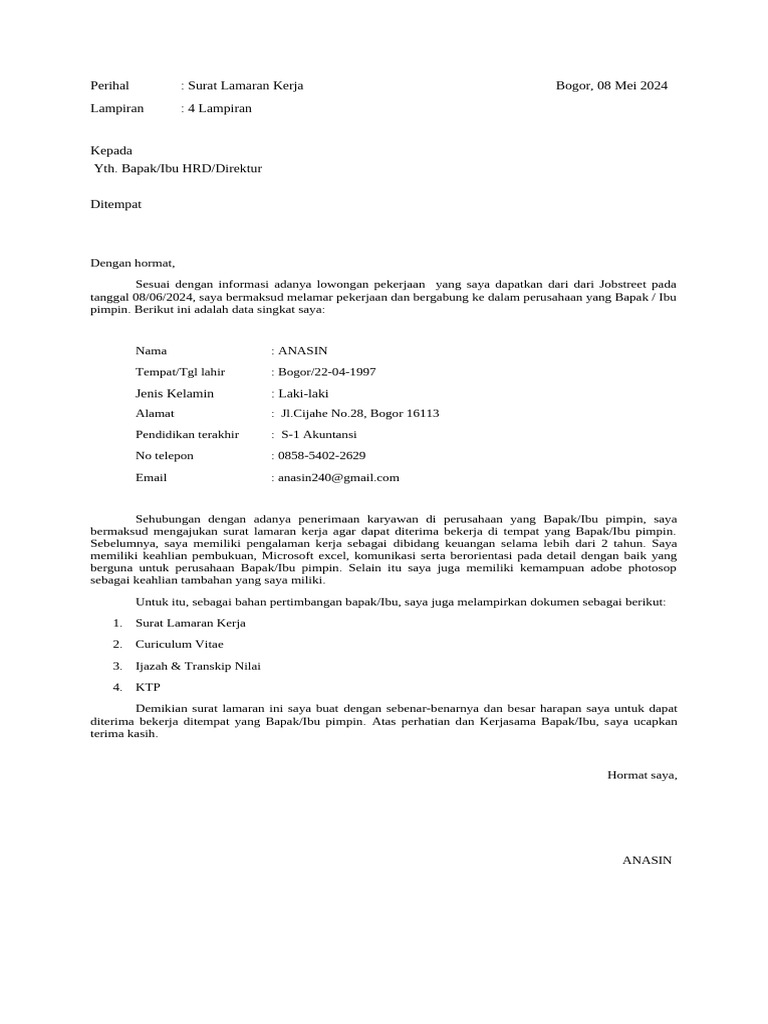 Surat lamaran 2024 | PDF