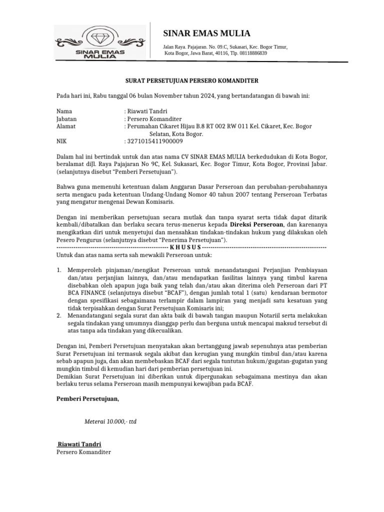 PERSETUJUAN KOMISARIS NEW BCAF On | PDF