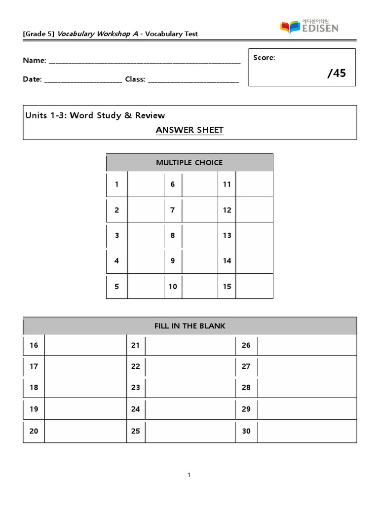 Grade 5 VW A Vocab Test - Units 1-3 Word Study Review | PDF