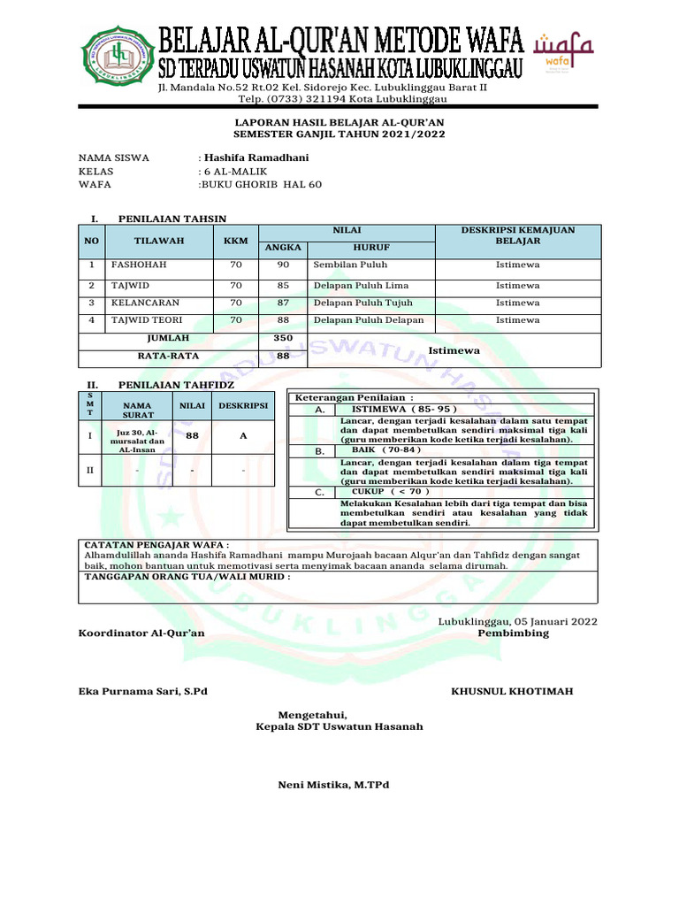 Contoh Rapot Wafaa | PDF
