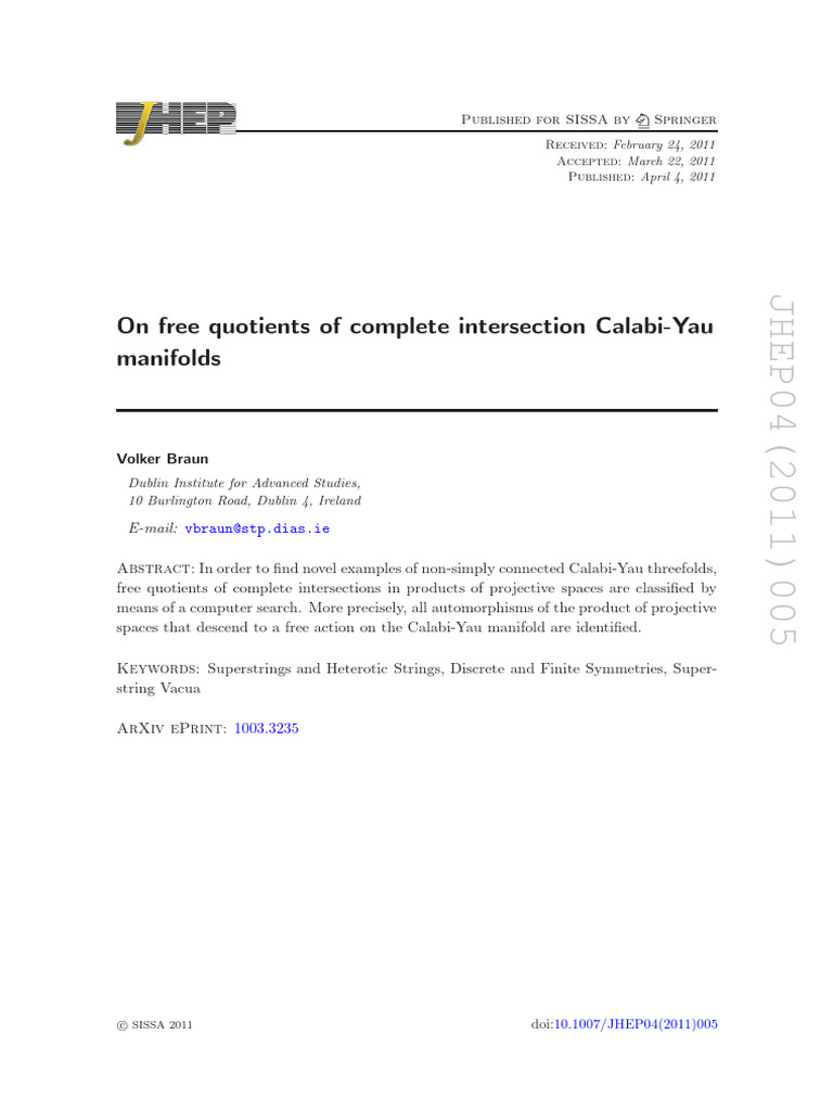 On Free Quotients of Complete Intersection Calabi-Yau Manifolds (2011) | PDF | Group ...