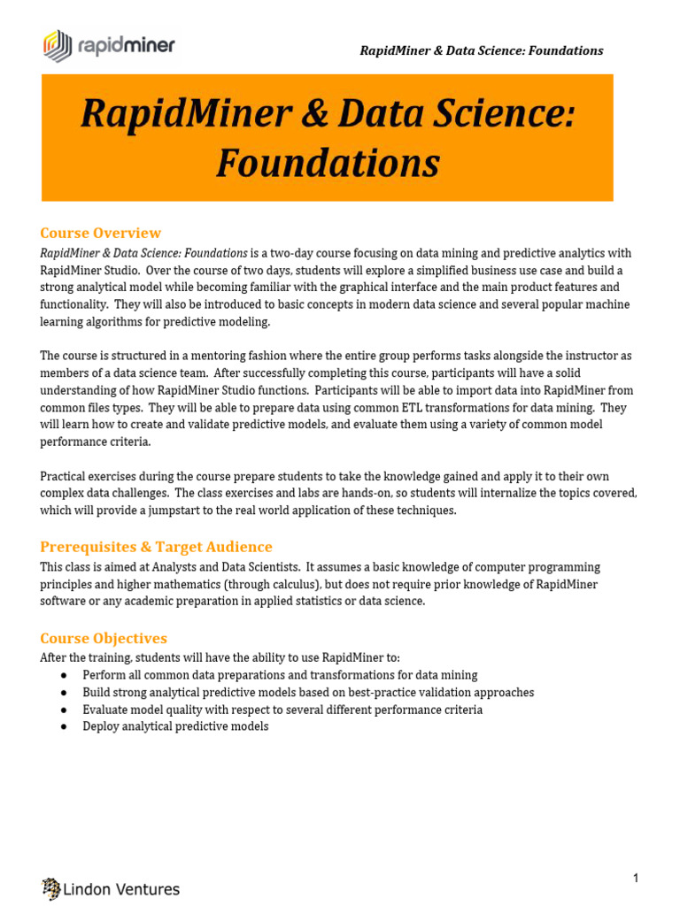 RapidMiner Data Science Foundations Course Description | PDF | Data Science | Machine Learning