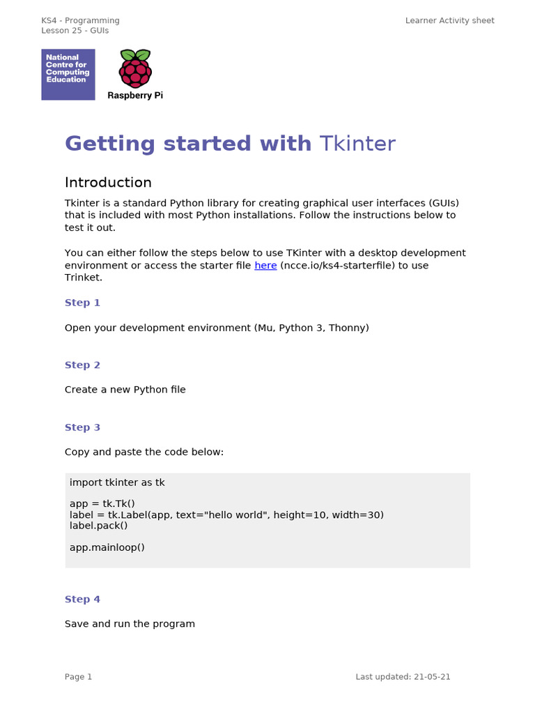 A1 Worksheet - Getting Started with Tkinter | PDF