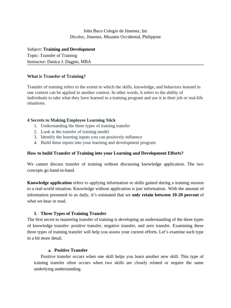 Transfer of Training Handout | PDF | Learning | Simulation